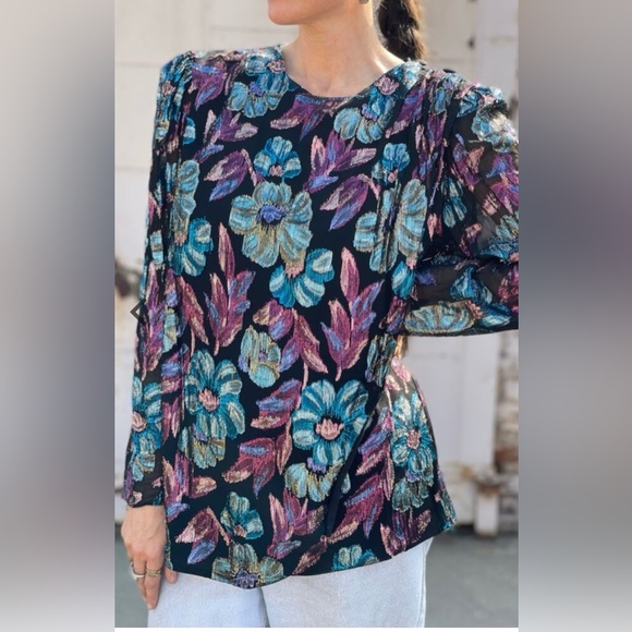 Patra | Tops | Vtg Patra 8s Metallic Floral Shimmery Long Sleeve Blazer ...